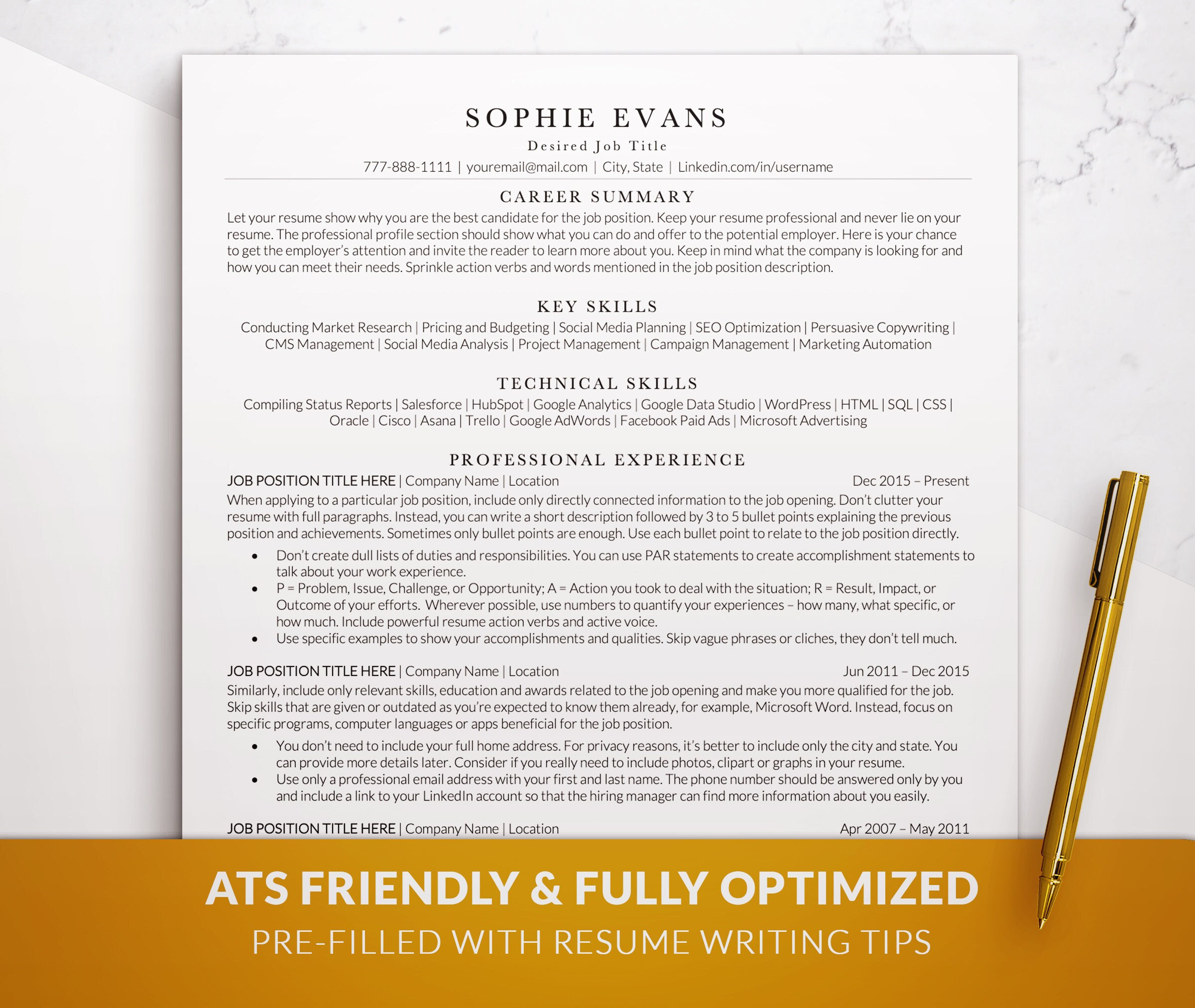 ATS Friendly Resume Template Google Docs, Word, Mac Pages, Professional ...