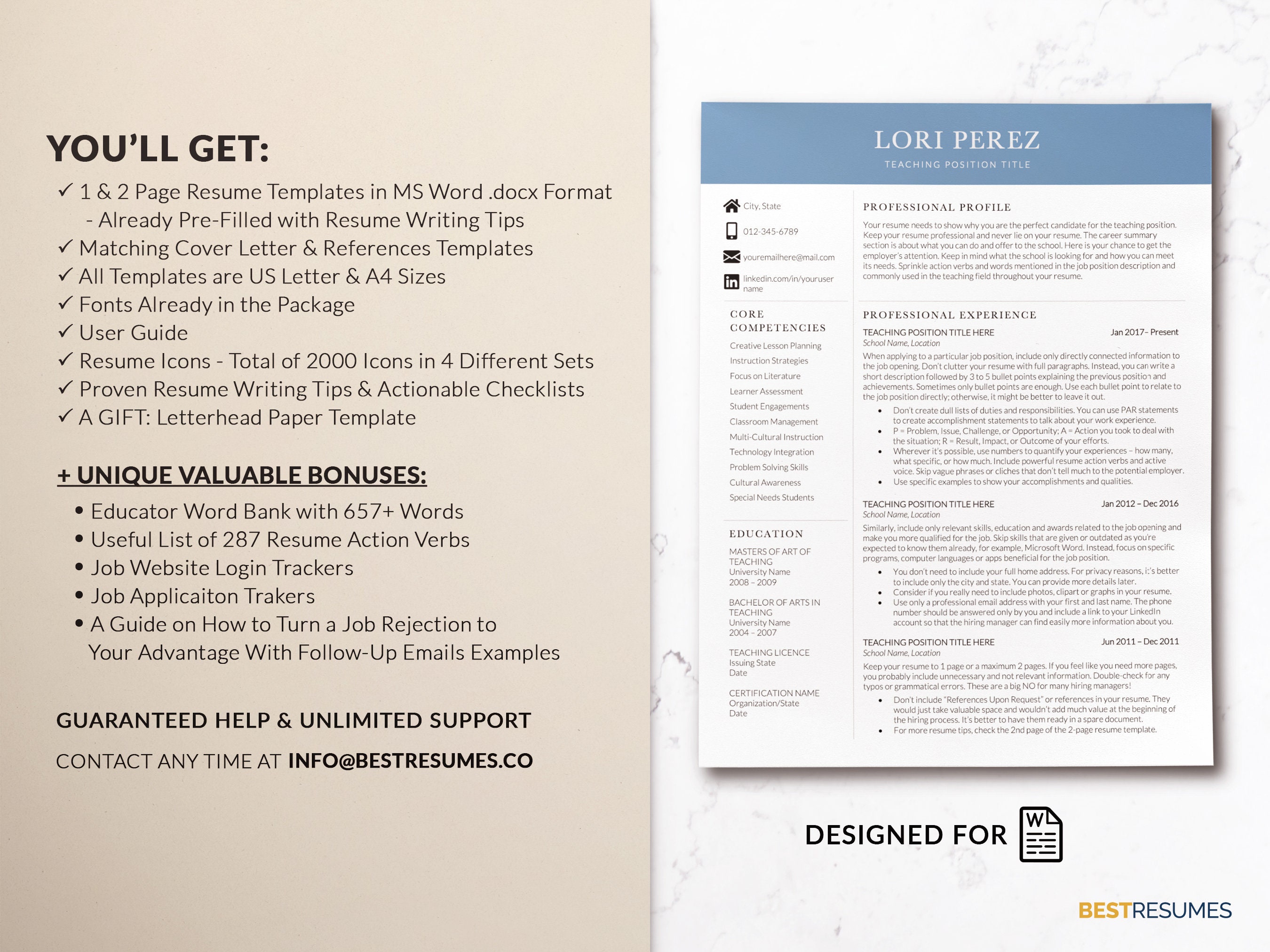 Professional Teaching Resume Template and Teacher Cover Letter, Teacher ...