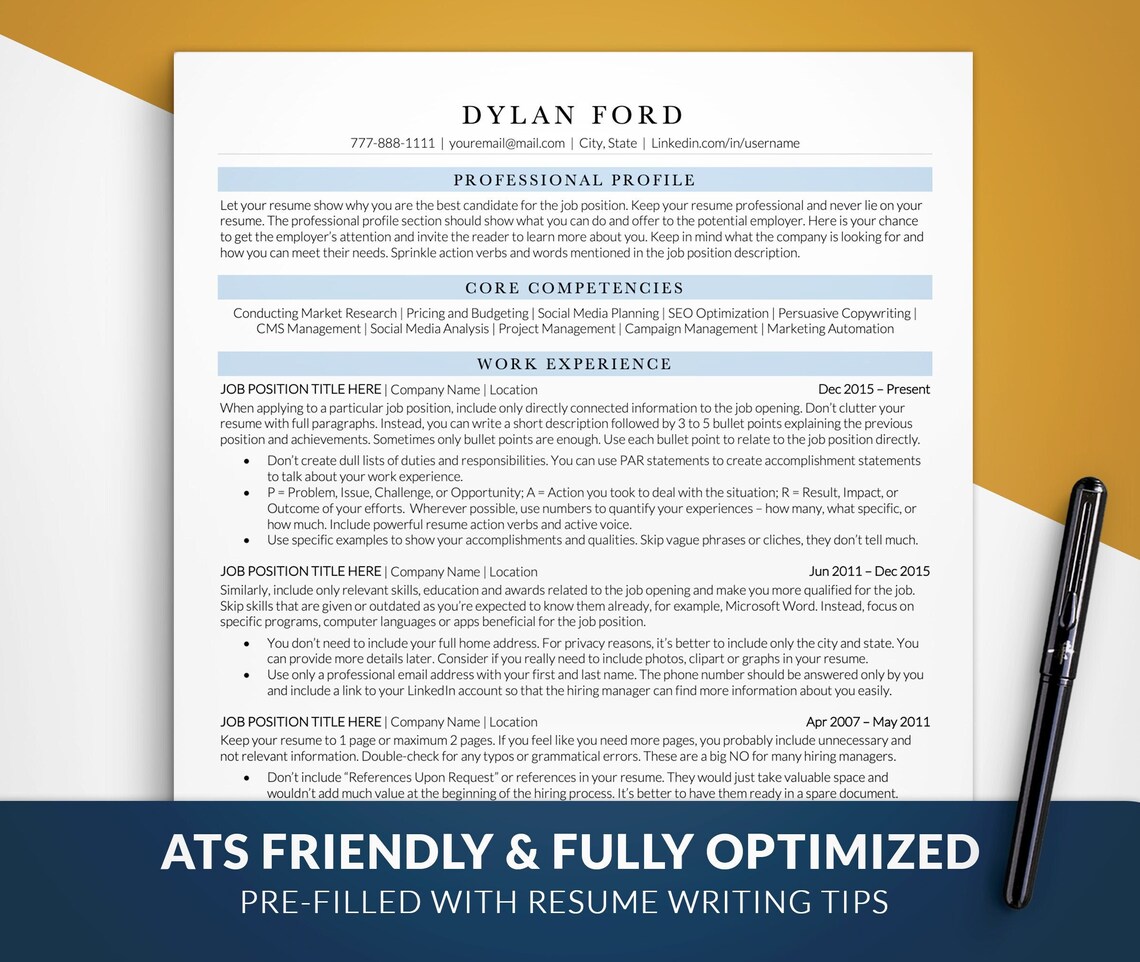 Professional ATS Resume Template for Word, Apple Mac Pages, Google Doc ...