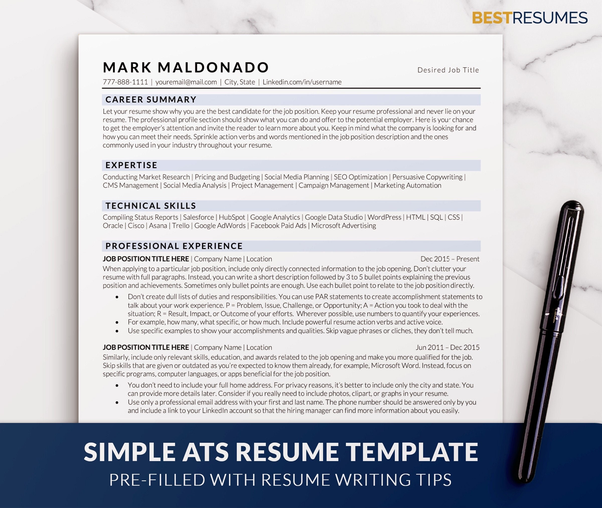 Executive ATS Friendly Resume Template for Word, Google Docs, Mac Pages ...