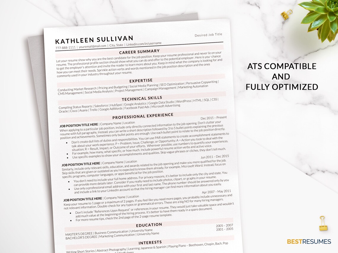 Simple ATS Friendly Resume Template Pink Color, Editable Resume for ...