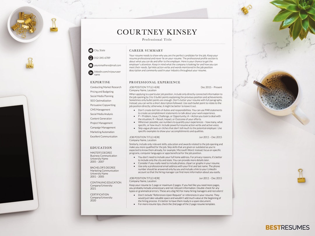 Professional Resume Template for Word With Clean Modern 2 Page Resume ...