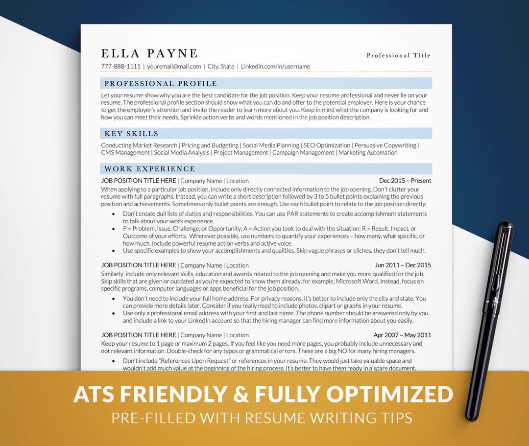 ATS Optimized Resume Template Simple Resume Template Clean - Etsy