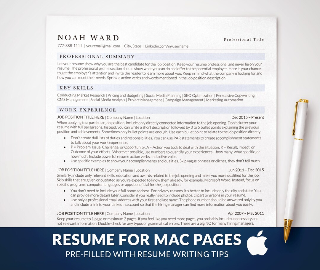 Apple Pages Resume Template, ATS Friendly & ATS Optimized, Clean Modern ...