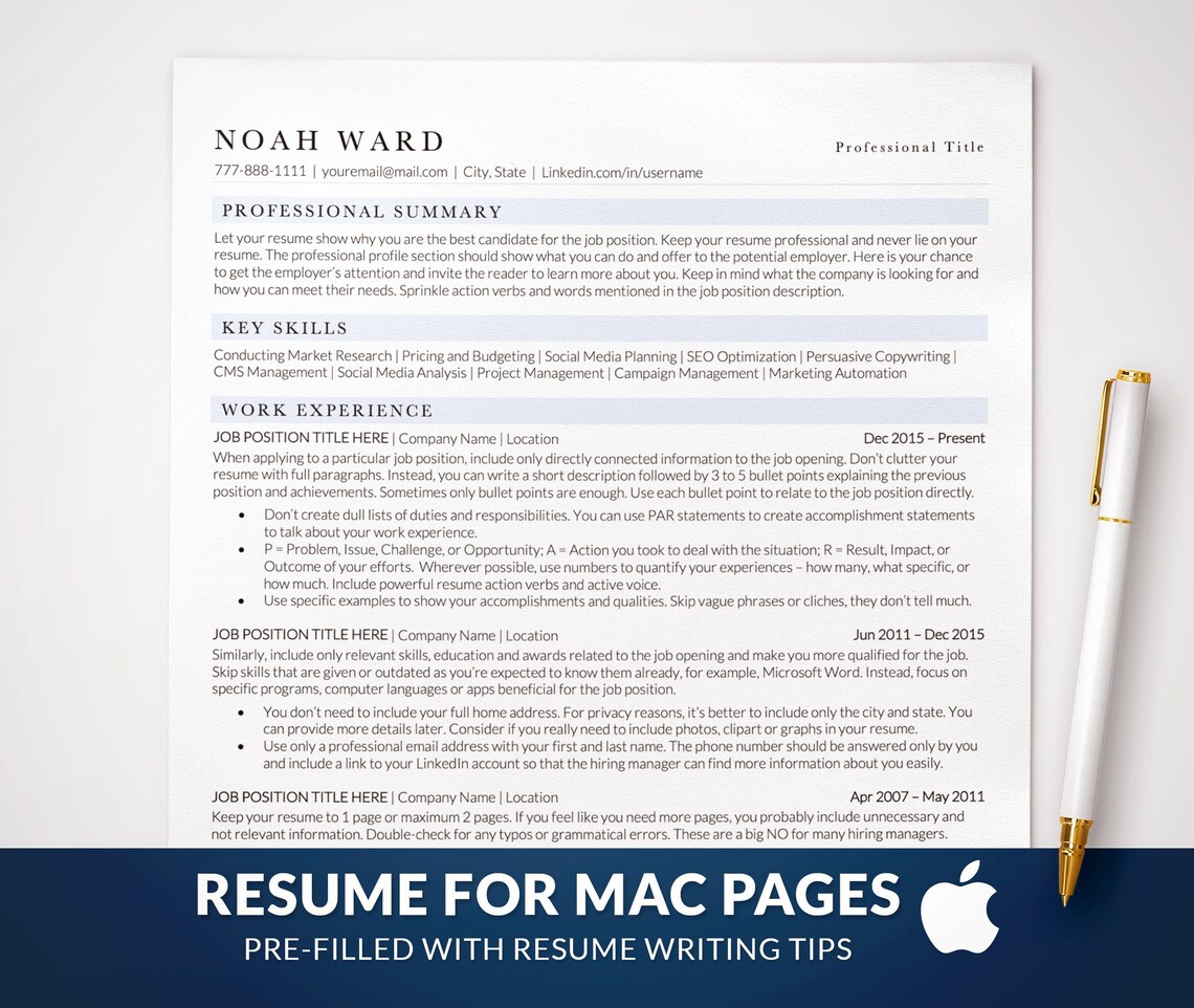 Apple Pages Resume Template, ATS Friendly & ATS Optimized, Clean Modern ...