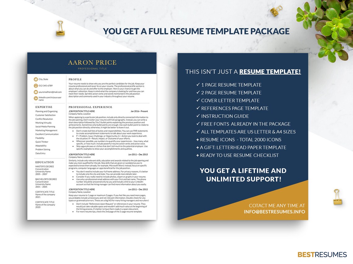 Modern Professional Resume Template Word Blue and Gold, Executive ...