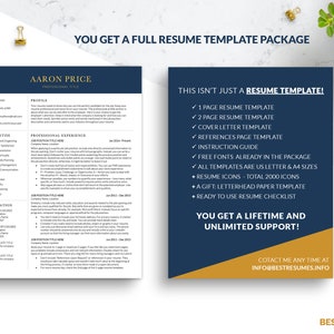 Modern Professional Resume Template Word Blue and Gold, Executive ...