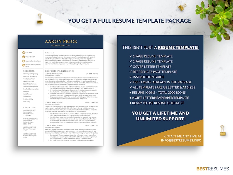 Modern Professional Resume Template Word Blue and Gold, Executive ...