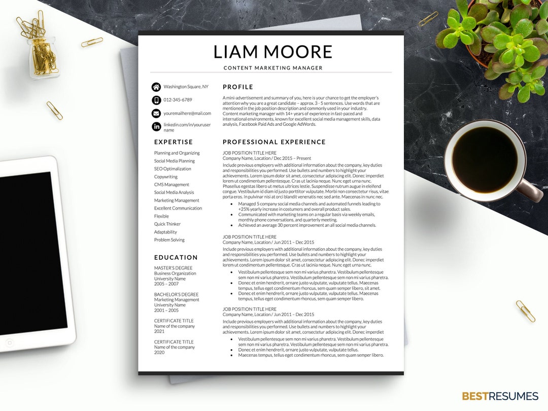 2 Column Resume Template, Modern Executive Resume for Word, Corporate ...