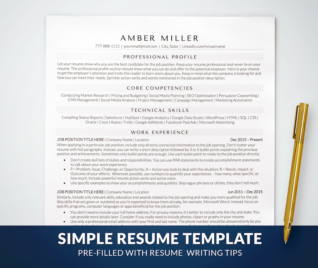 Simple Traditional Chronological Resume Template Word, Mac Pages ...