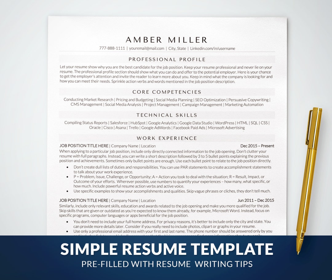 Simple Traditional Chronological Resume Template Word Mac - Etsy