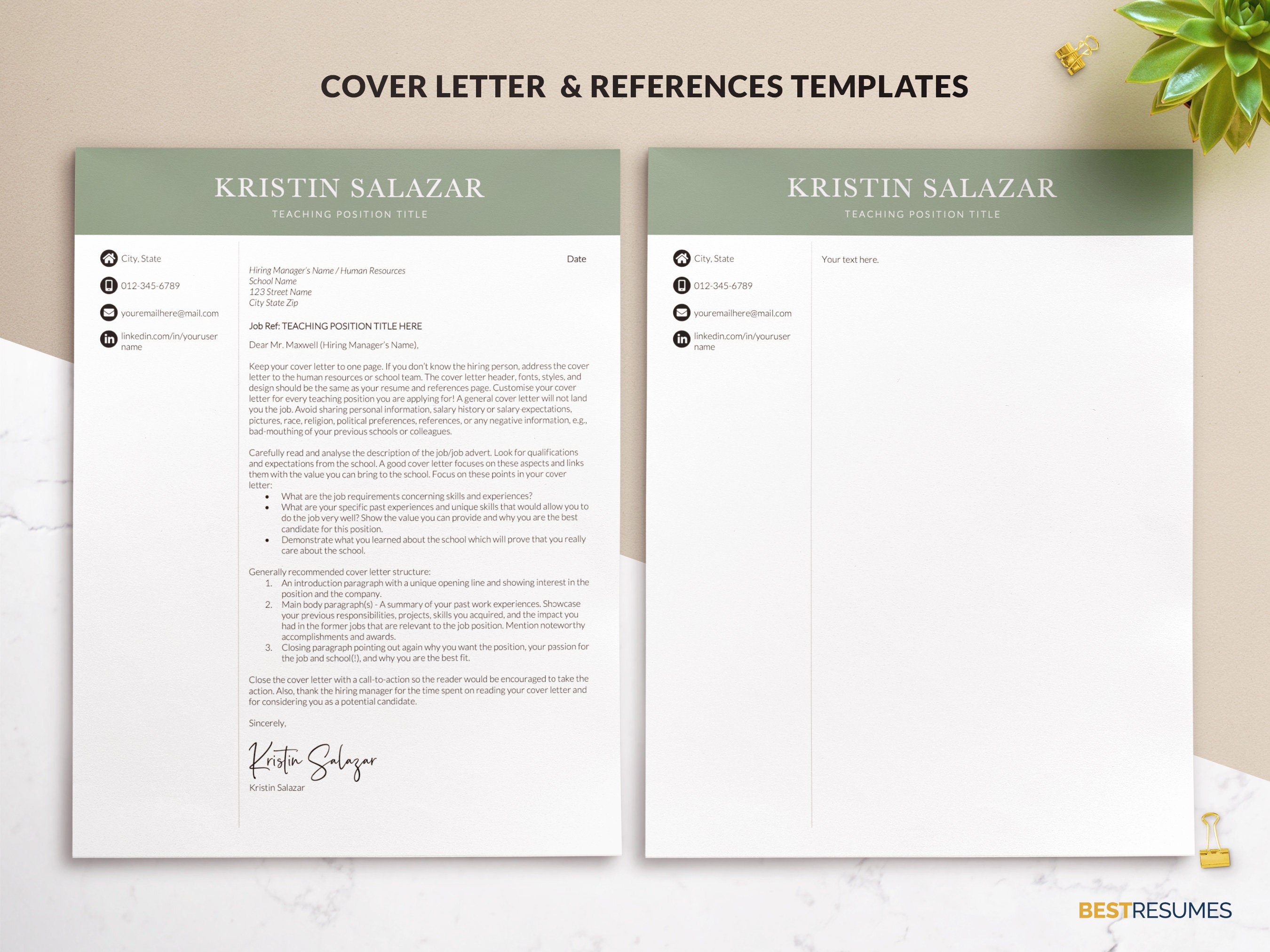 Teacher Resume Template for MS Word, Professional Resume for Teachers ...