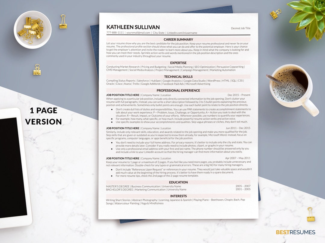 Clean Pink Color Resume Template for Google Docs ATS Friendly - Etsy