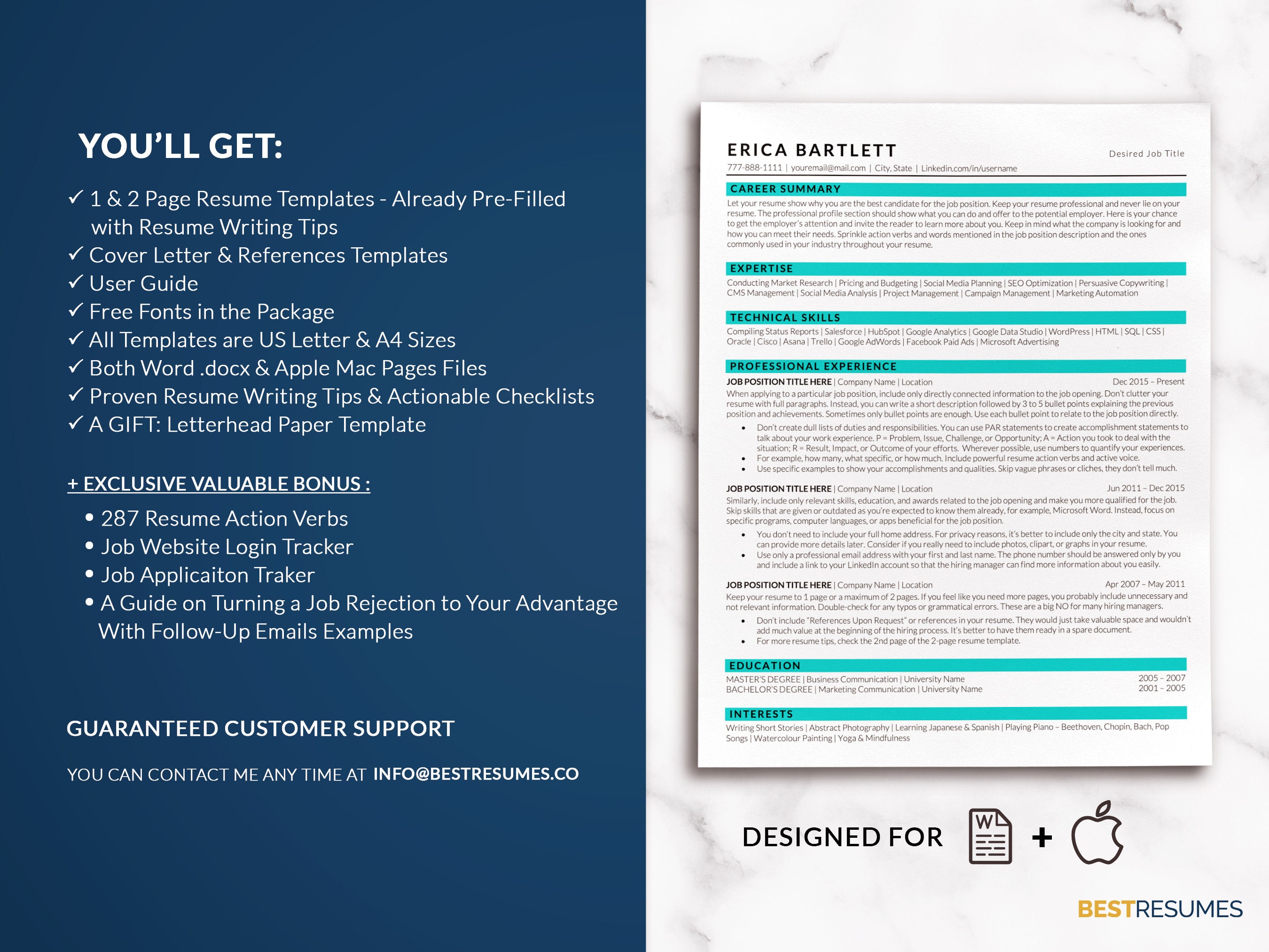 Elegant ATS Friendly Resume Template for Word, Mac Pages, Google Docs ...