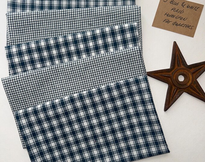 5 CRANBERRY and BLUE Check and Plaid Homespun Fat Quarters 100% Cotton ...