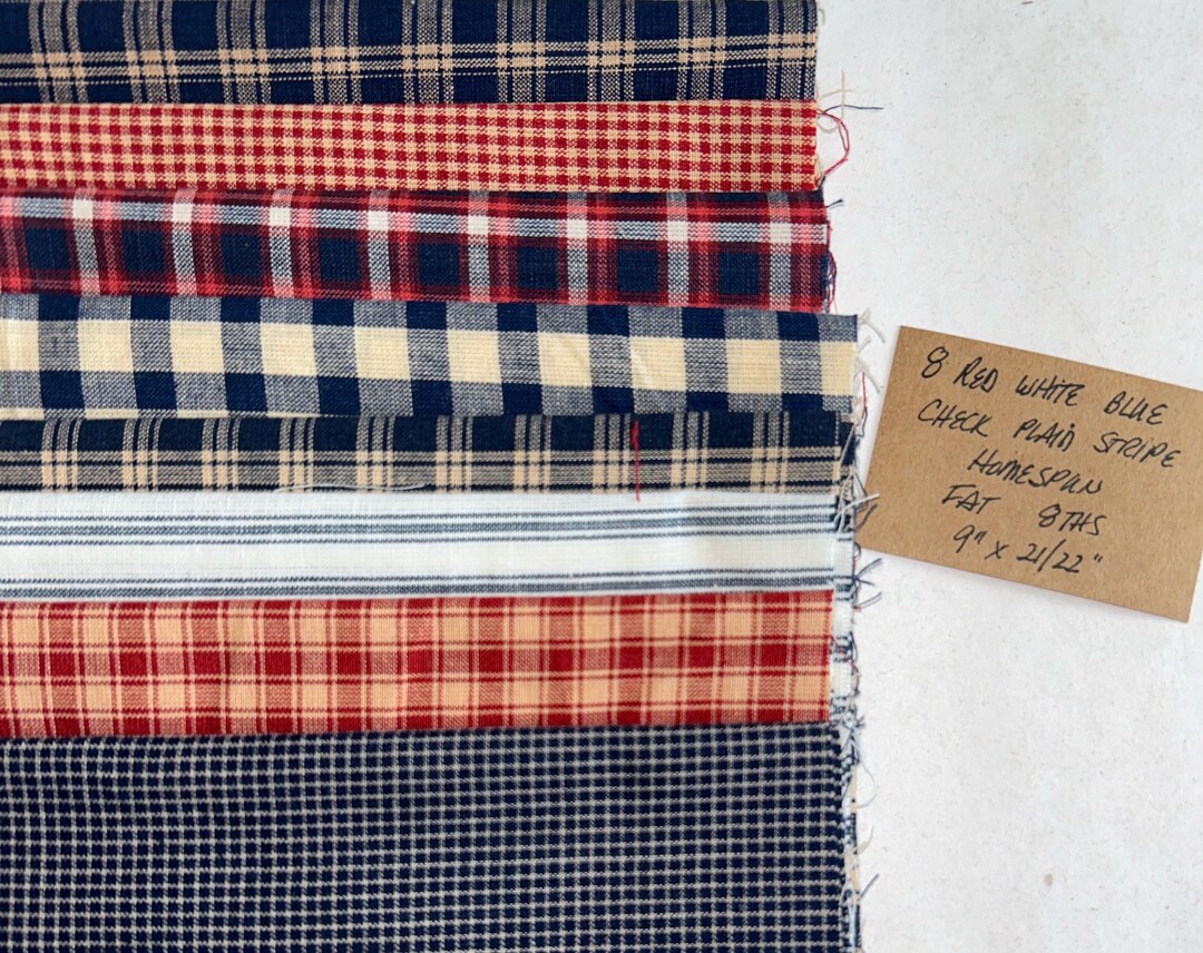 8 RED WHITE BLUE Check Plaid Stripe Homespun Strips Fat 8ths 9" X 21/22 ...