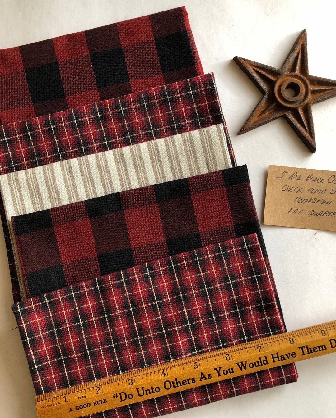 5 RED BLACK CREAM Check Plaid Stripe Homespun Fat Quarters 100% Cotton ...