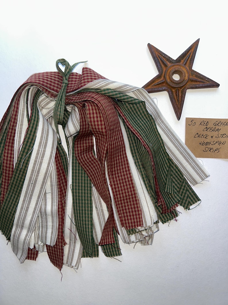 50 RED CREAM GREEN Check and Stripe Homespun Strips 1/2" X 18" or 1" X ...