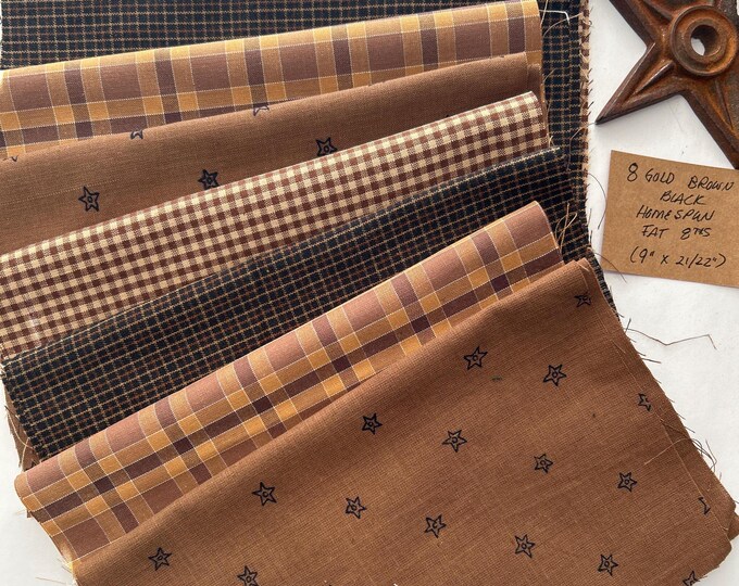 8 GOLD BROWN BLACK Check Plaid Star 100% Cotton Homespun Fat 8th Scraps ...