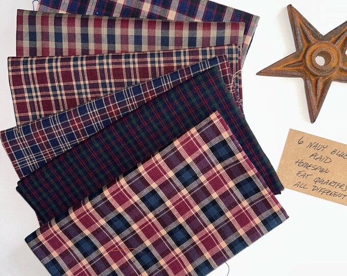 6 NAVY BLUE Plaid Homespun Fat Quarter Stash 100% Cotton All Different ...