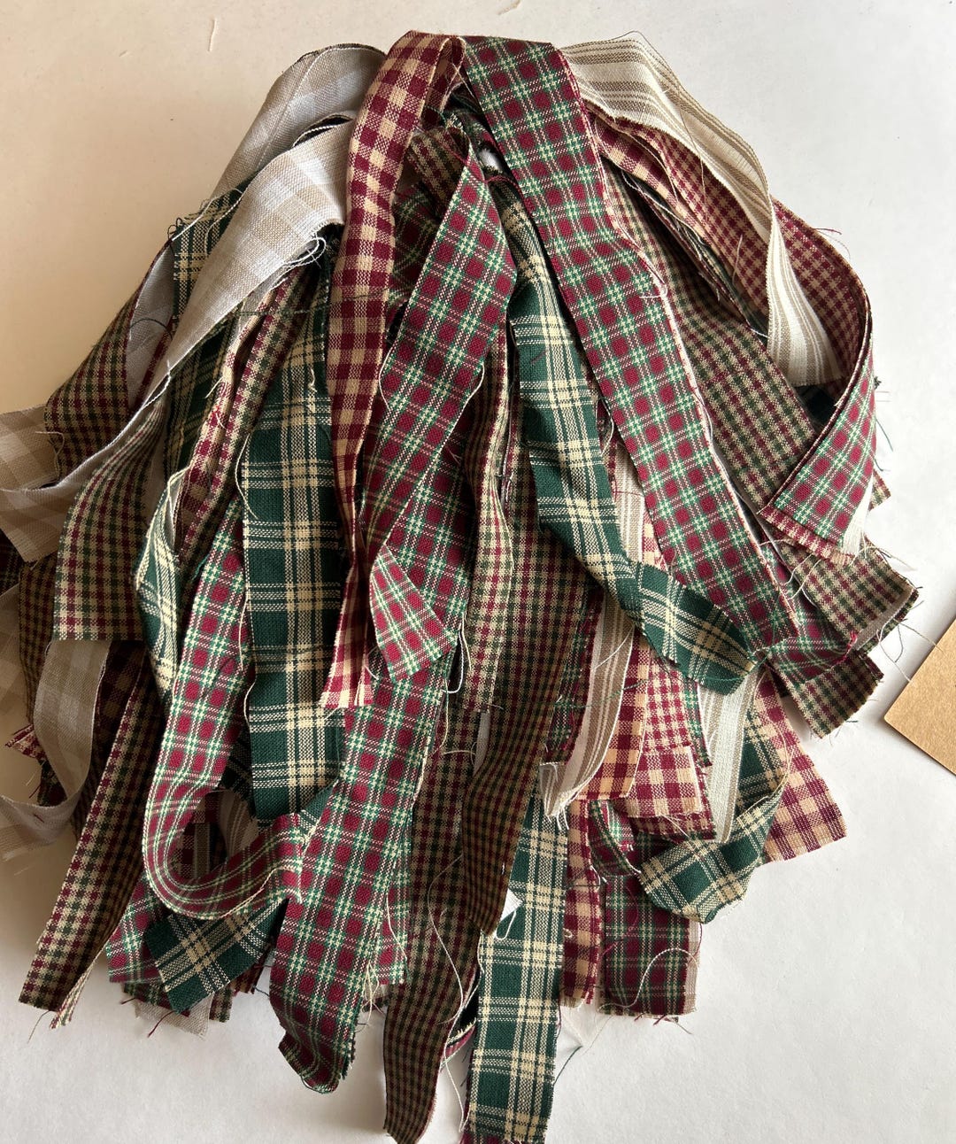 100 CRANBERRY GREEN CREAM Check and Plaid Homespun Strips 1 X 18 100% ...