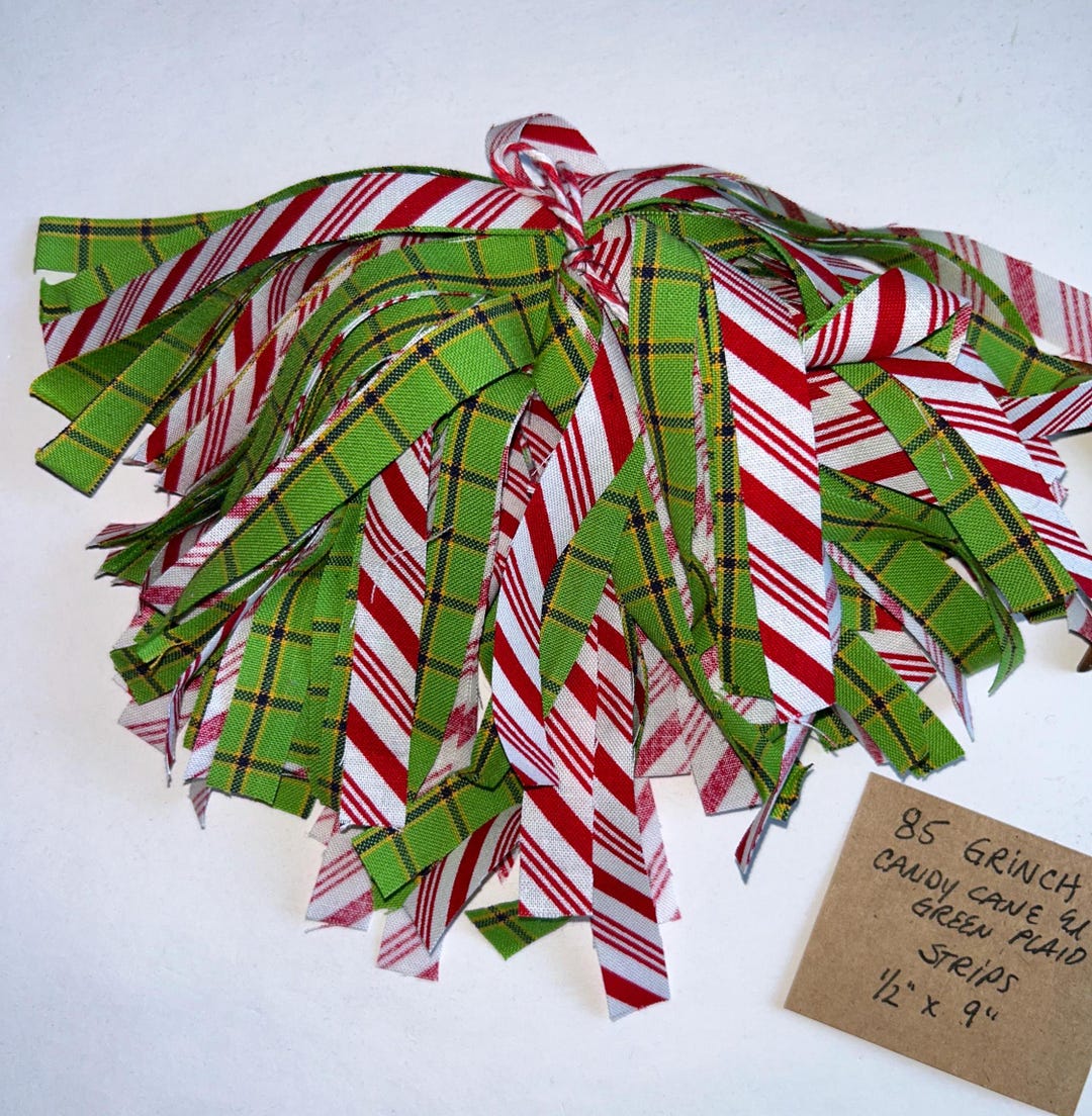 85 GRINCH Candy Cane RED Stripe and Grinch GREEN Plaid 1/2" X 9" Fabric ...