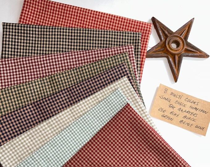 8 MULTI COLORS Small Check Homespun Fat Quarters 100% Cotton Red Blue ...
