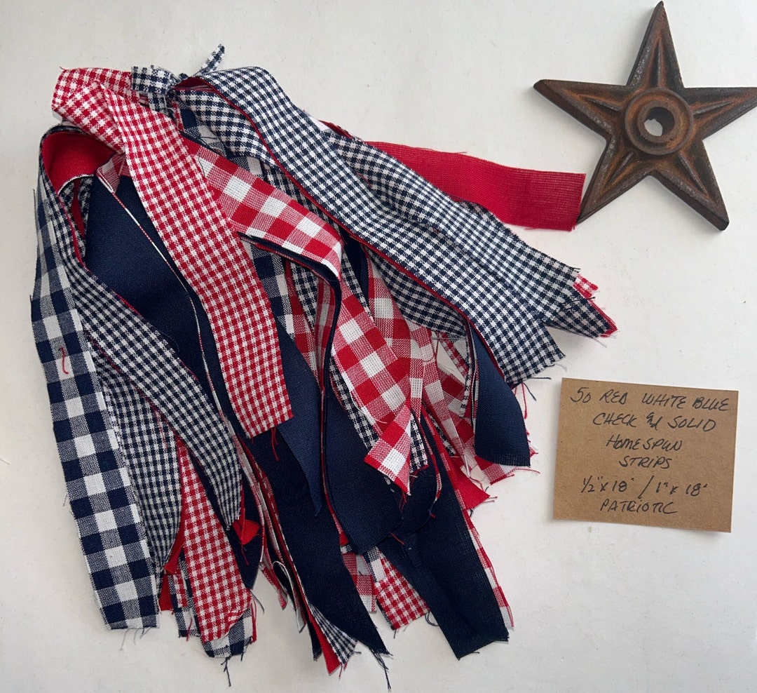 50 RED WHITE BLUE Patriotic Check and Solid Homespun Strips 1/2" X 18 ...