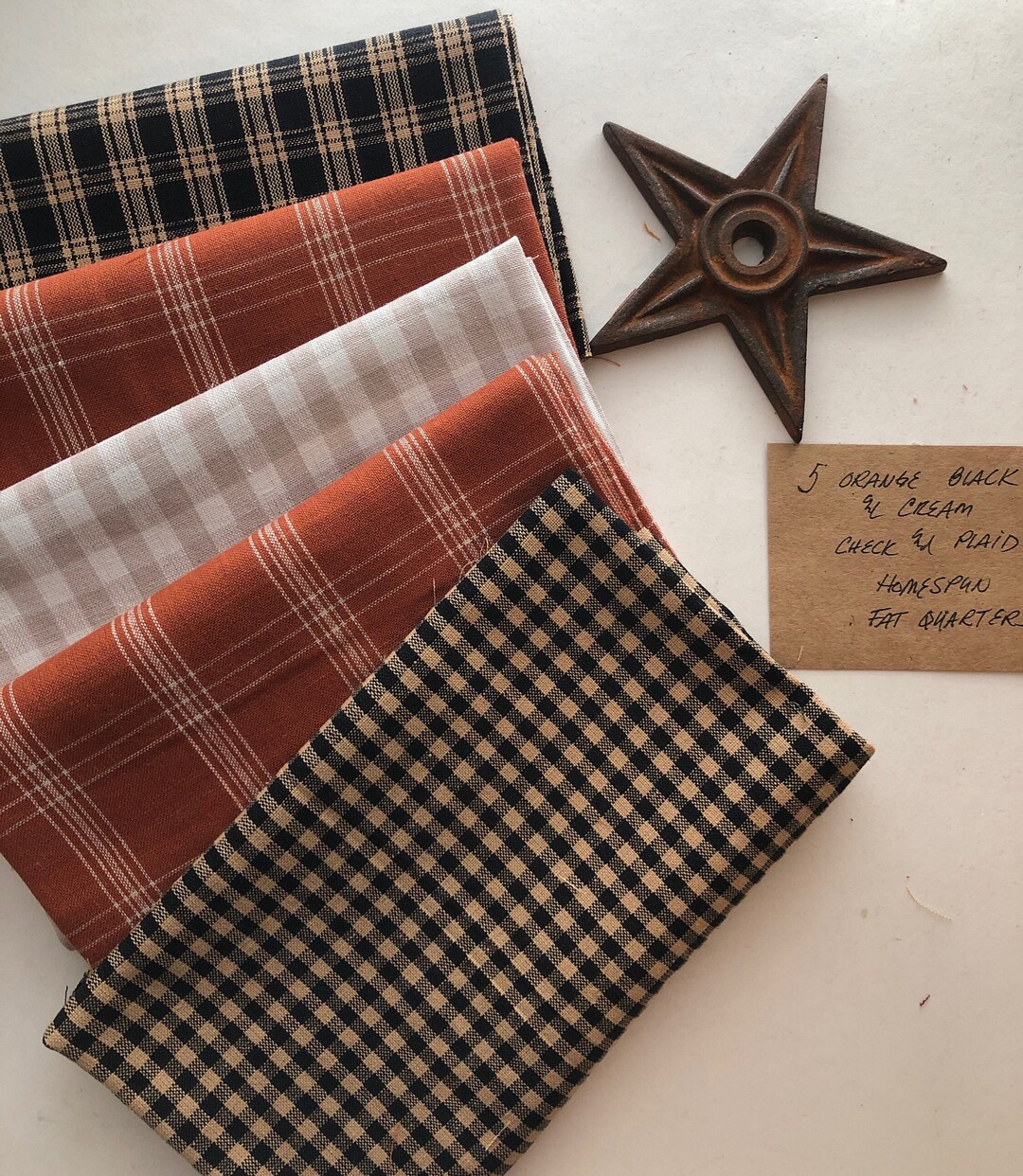 5 ORANGE pumpkin BLACK CREAM Check and Plaid Homespun Fat Quarters 100% ...
