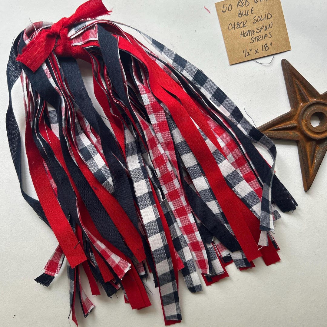 50 RED WHITE BLUE Check and Solid Homespun Strips 1/2" X 18" Patriotic ...