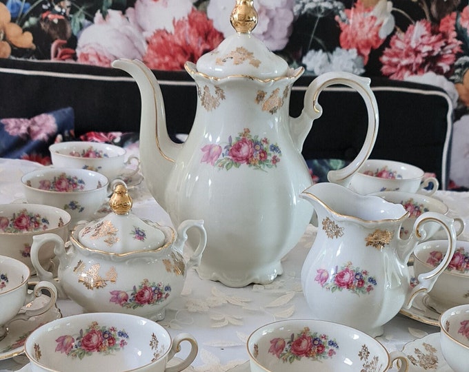 Tea Service With Gold Rim and Flowers for 12 Persons, Anniversary Gift ...