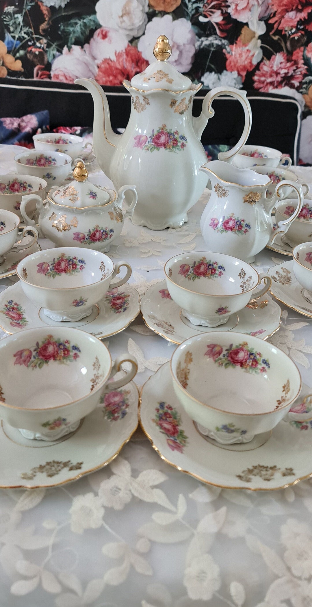 Tea Service With Gold Rim and Flowers for 12 Persons, Anniversary Gift ...