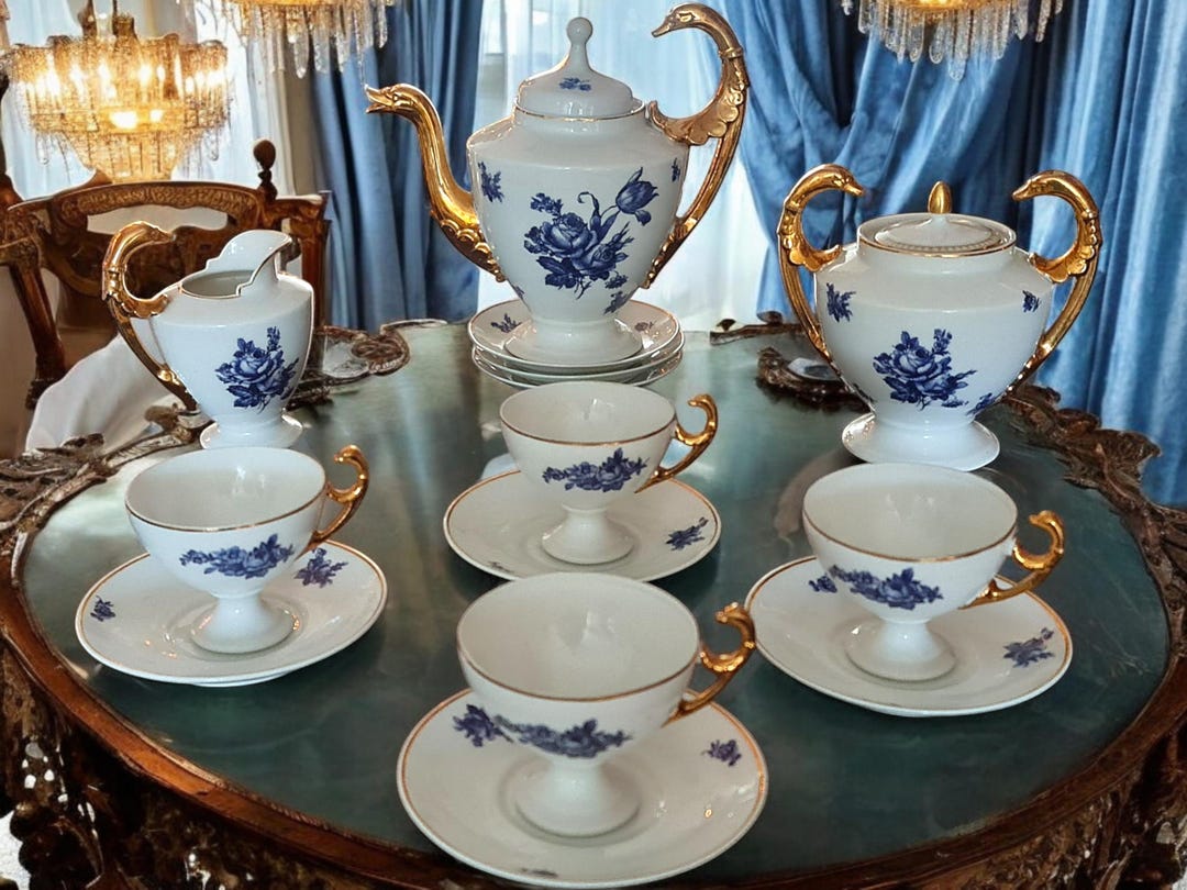 Rare Antique Tea Service With Gold Empire Handles and Blue Floral ...
