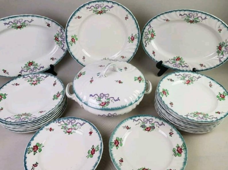 Antique Longwy French Dinner Service, Green Rim Violet Ribbon - Etsy