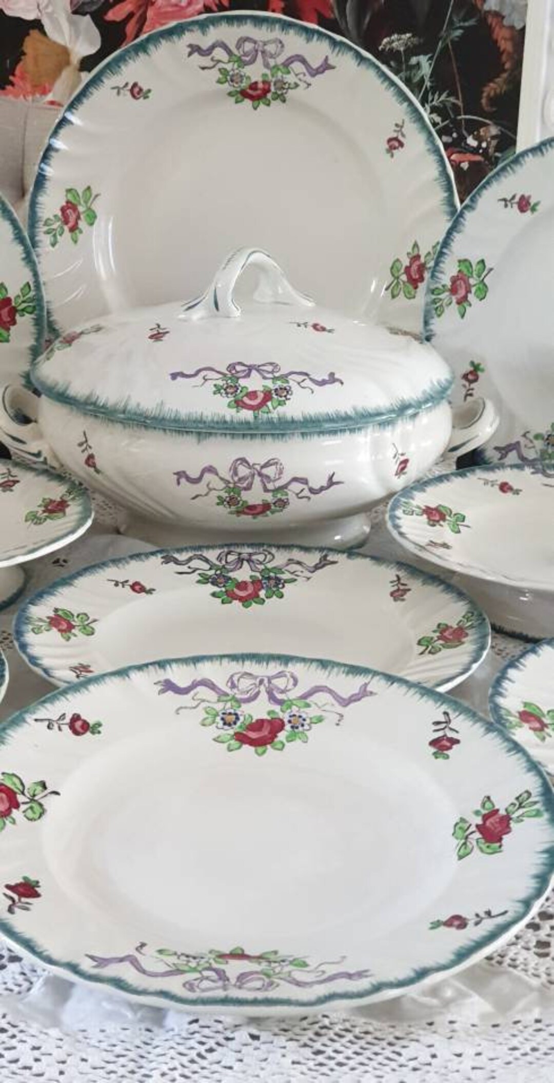 French Dinner Service Made by Longwy With Green Rim and Violet Ribbon ...