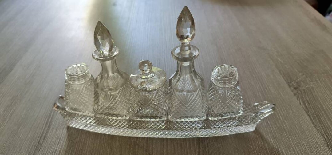 Antique Crystal Condiment, Cruet Set in Boat Shape, Gift Idea- Free ...