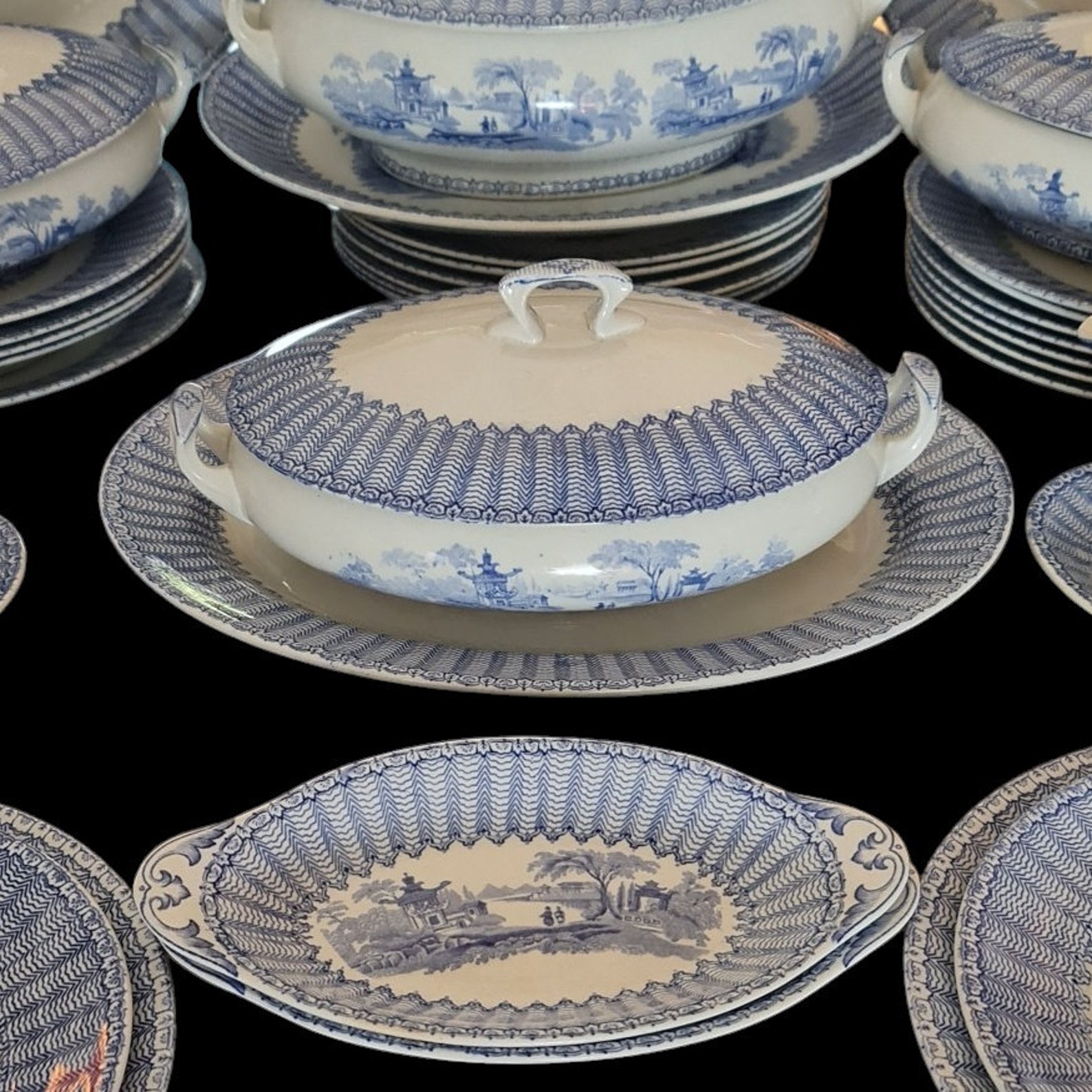 Antique English Soho Cobridge Solian Ware Dinner Service in Blue ...