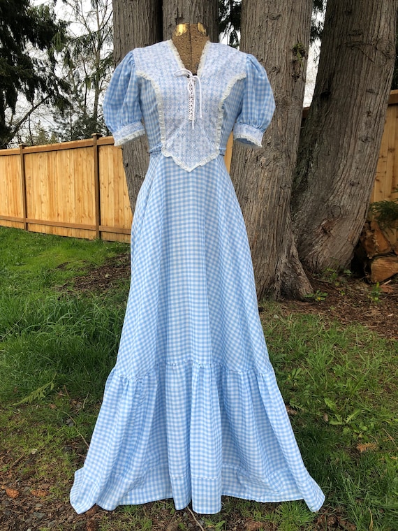 70s picnic prairie dress// blue cottage core maxi dre… - Gem