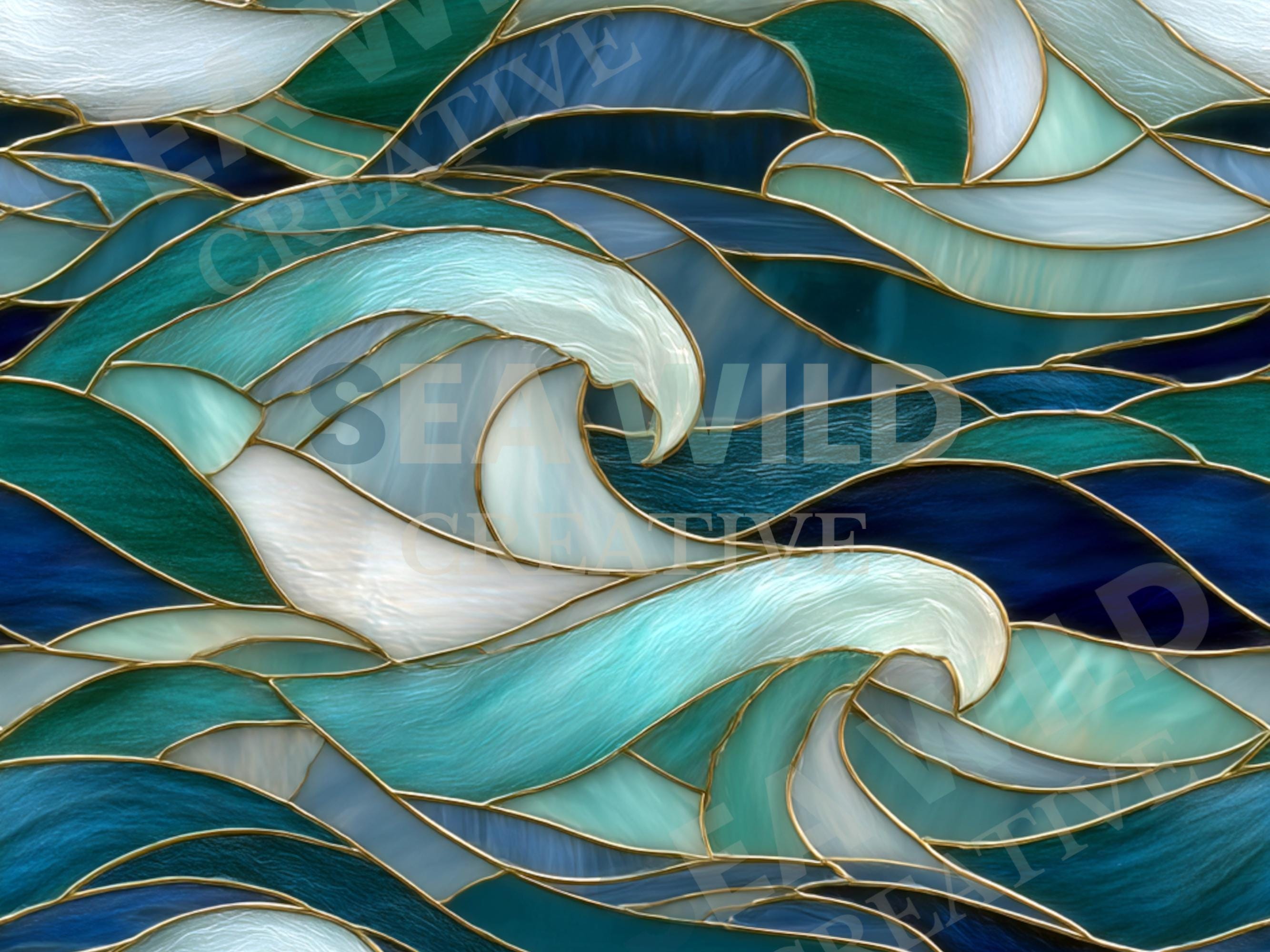 Ocean Wave Stained Glass Pattern, DIY Coastal Decor, Beach House Art ...