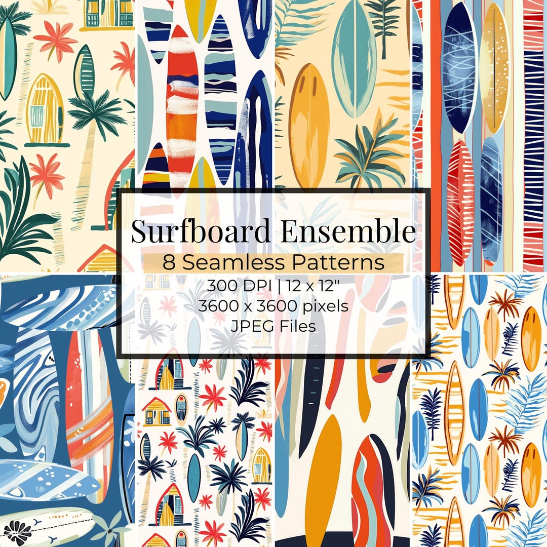 Surfboard Seamless Pattern: 8 Surfboard Art Designs | Digital Paper for ...