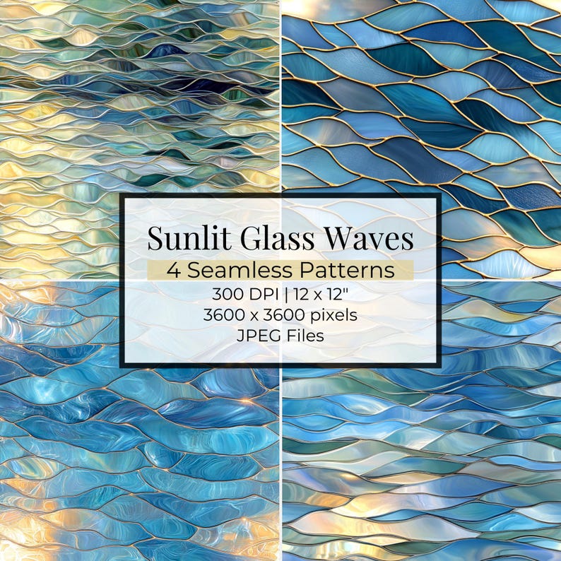 Ocean Wave Stained Glass Pattern: Scenic Landscape Digital Paper ...