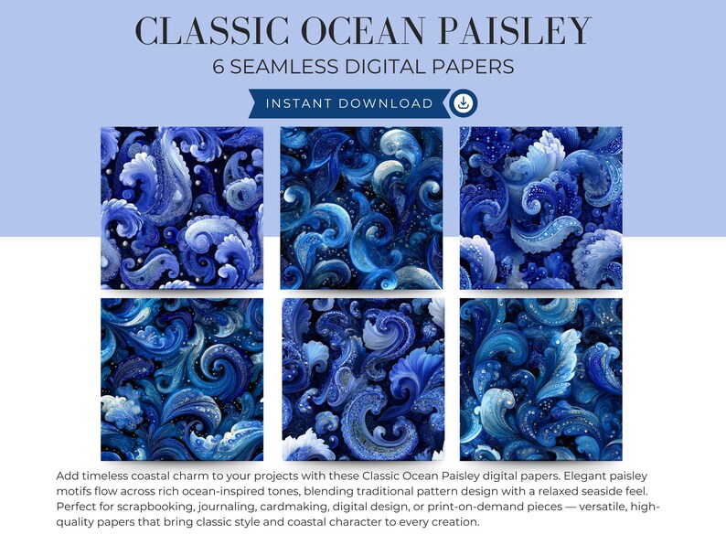 Ocean Paisley Seamless Pattern, Floral Scrapbooking Digital Paper ...
