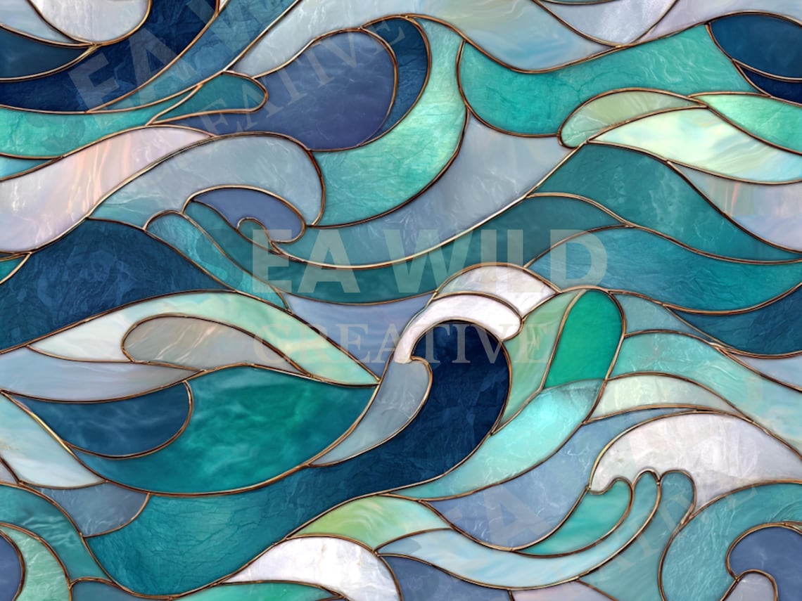 Ocean Wave Stained Glass Pattern, DIY Coastal Decor, Beach House Art ...