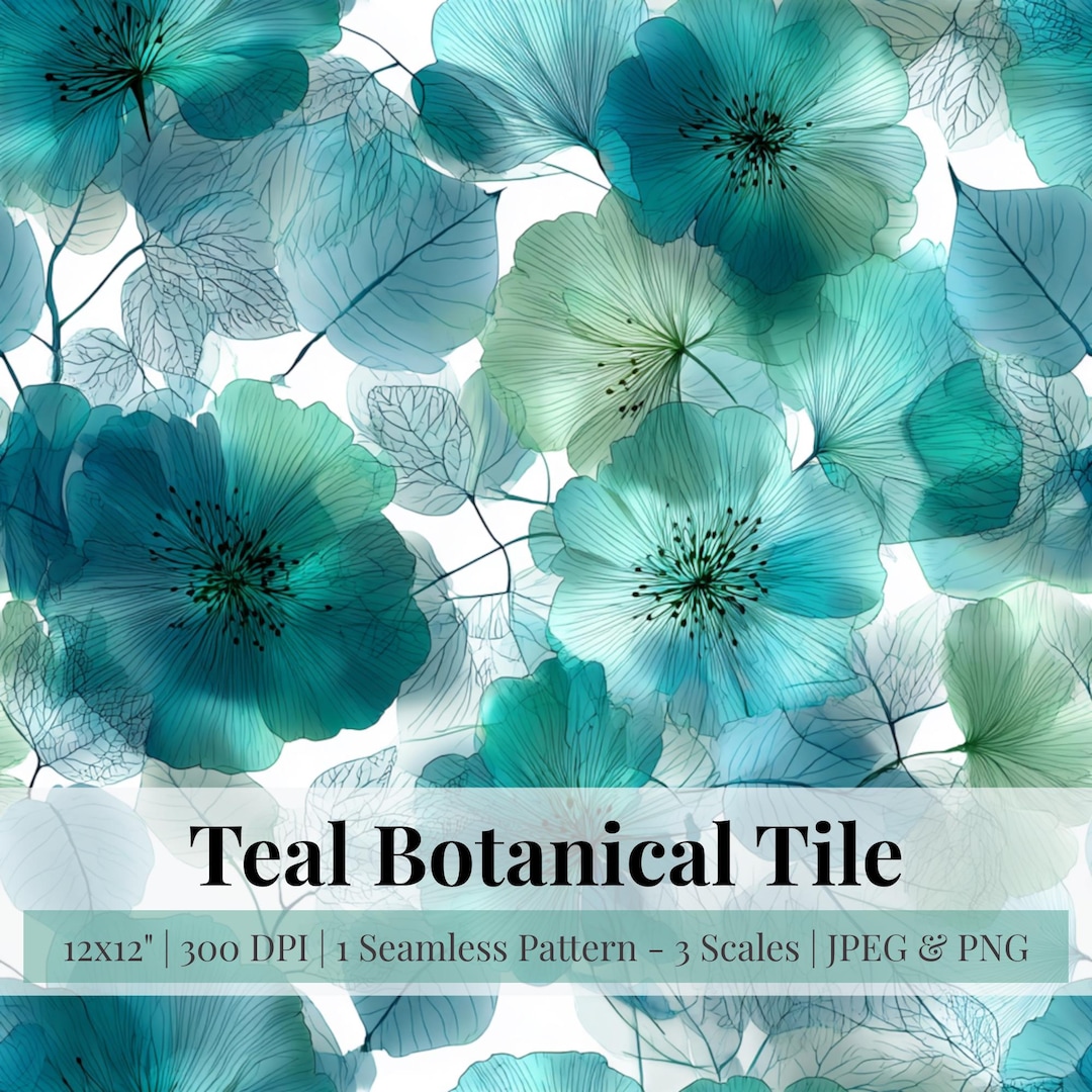 Floral Background PNG Teal, Seamless Digital Paper, Elegant Floral ...