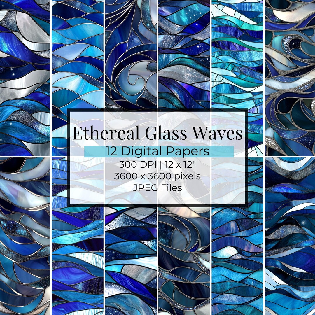 Ocean Wave Stained Glass Pattern: Vibrant Colors, Junk Journal Paper ...