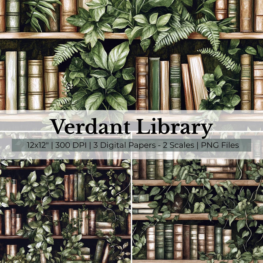 Library Seamless PNG: Vintage Library Books and Greenery Repeat Pattern ...
