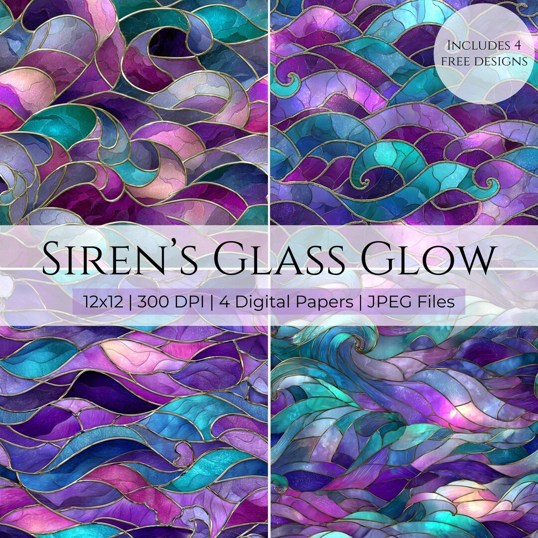 Stained Glass Digital Paper Patterns, Ocean Seamless Designs, Instant ...