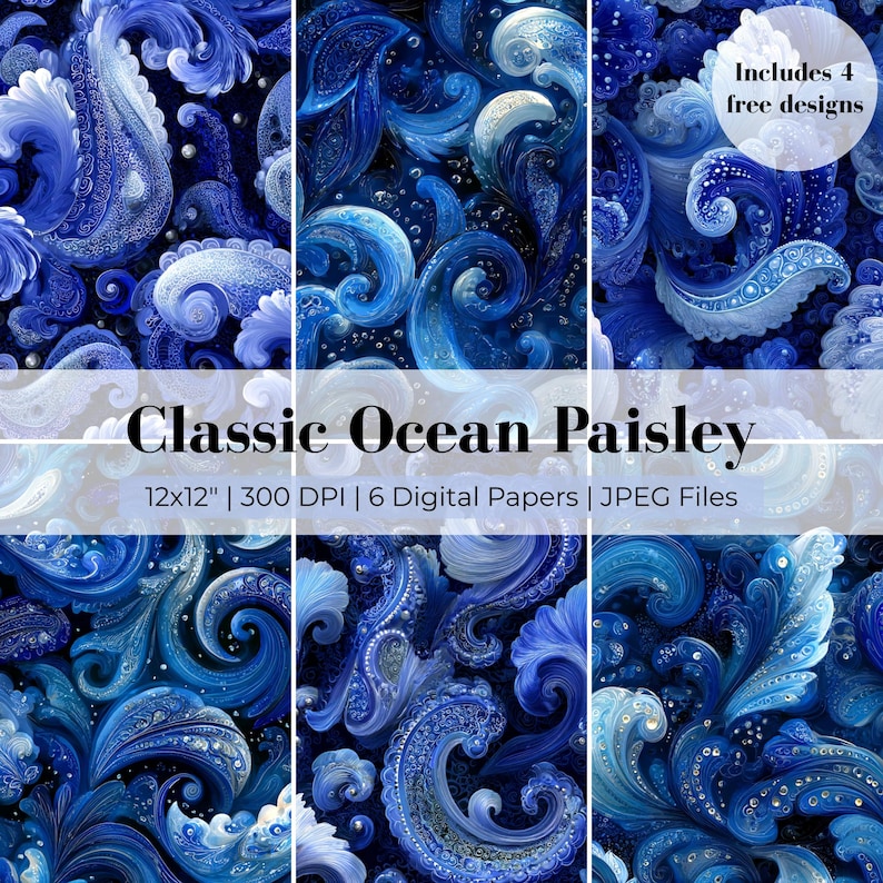 Ocean Paisley Seamless Pattern, Floral Scrapbooking Digital Paper ...