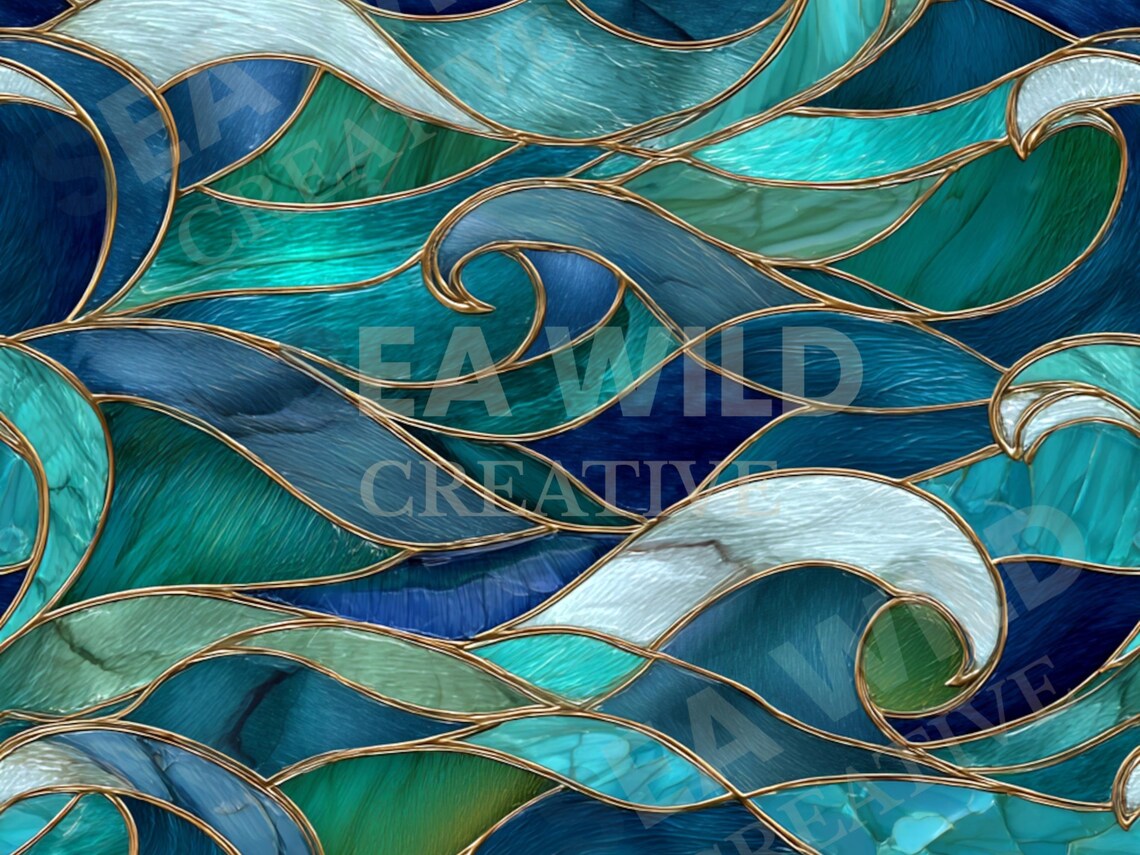 Ocean Wave Stained Glass Pattern, DIY Coastal Decor, Beach House Art ...
