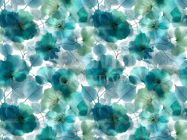 Floral Background PNG Teal, Seamless Digital Paper, Elegant Floral ...
